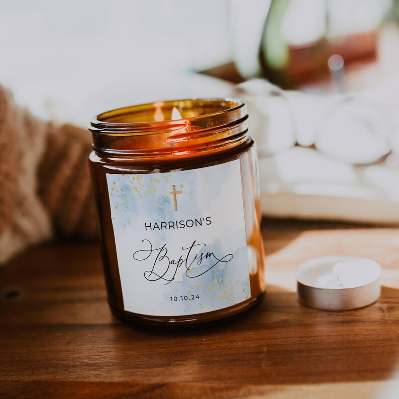 Blue & Gold Baptism Candle Label Template, Printable Watercolor ...