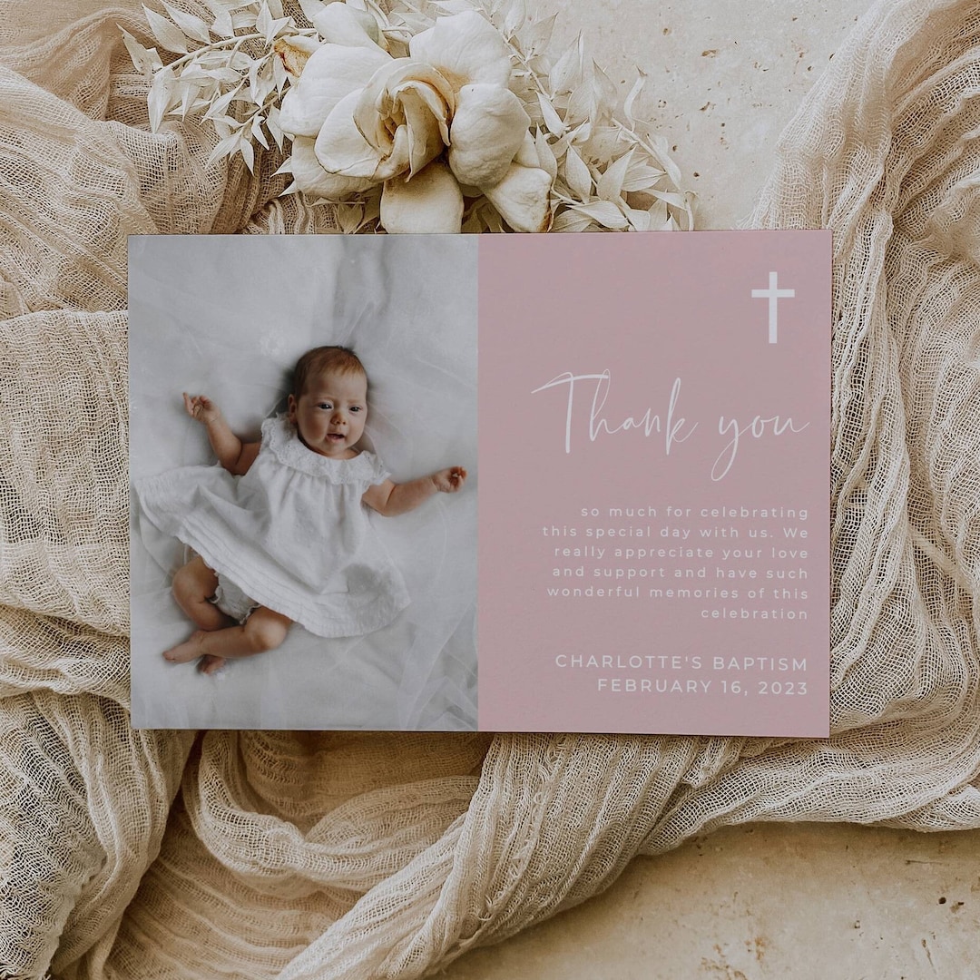 Blush Pink Modern Baptism Thank You Template, Printable Thank You Card ...