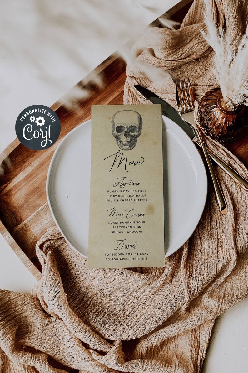 Halloween Vintage Skull Menu Template Printable Spooky Dinner - Etsy