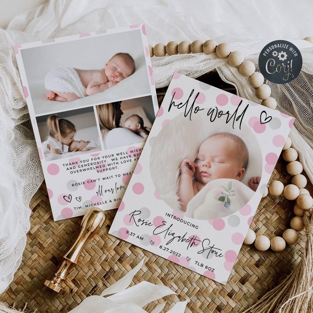 Modern Spots Birth Announcement Template, Printable Pink Polka Dot ...