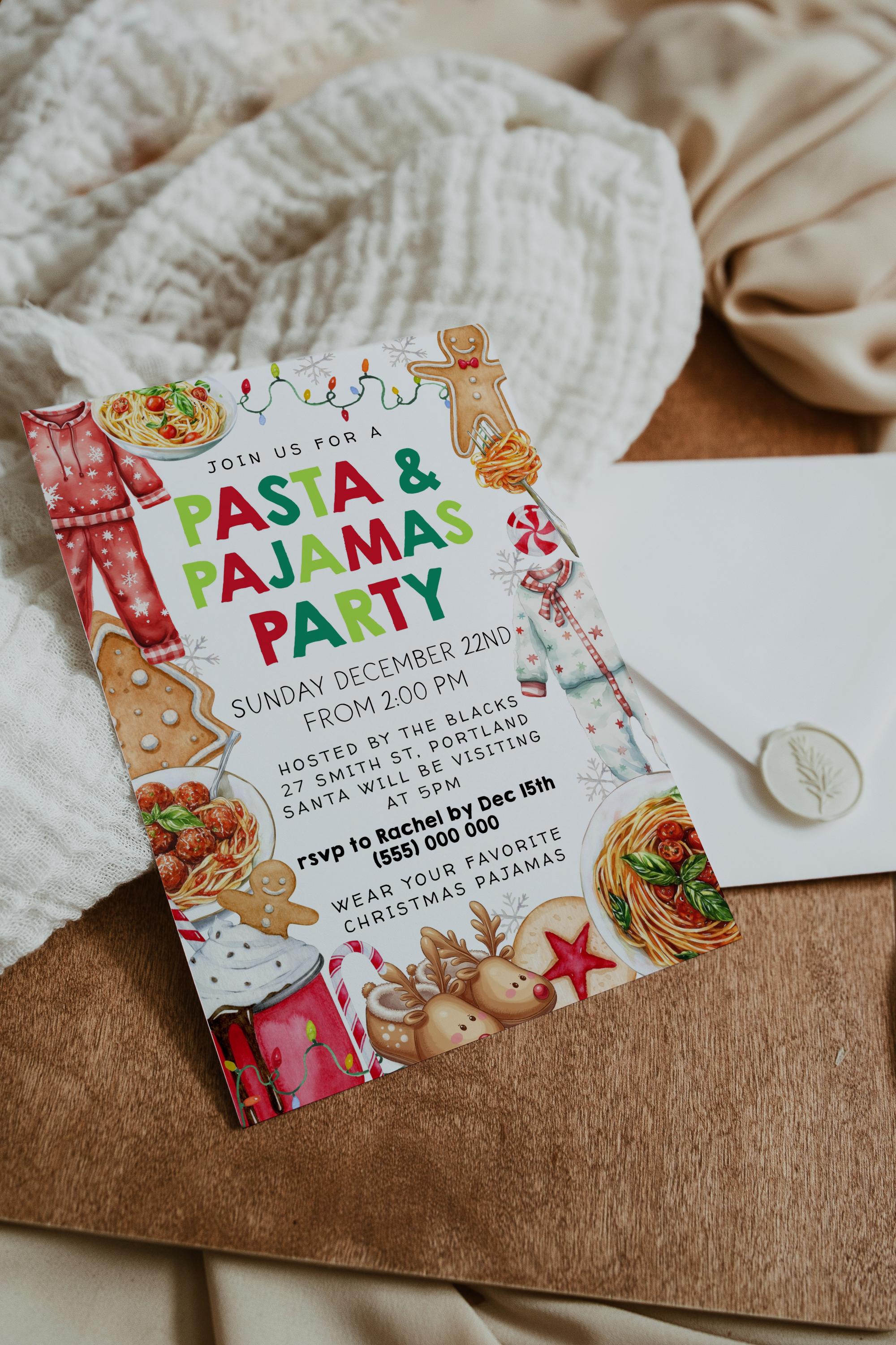 Pasta & Pajamas Christmas Invitation Template, Printable Holiday ...