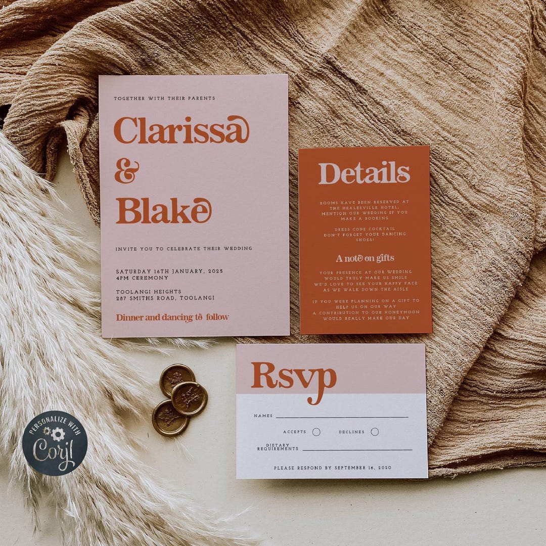 Retro Wedding Invitation Set Template, Printable Rust & Peach Wedding ...