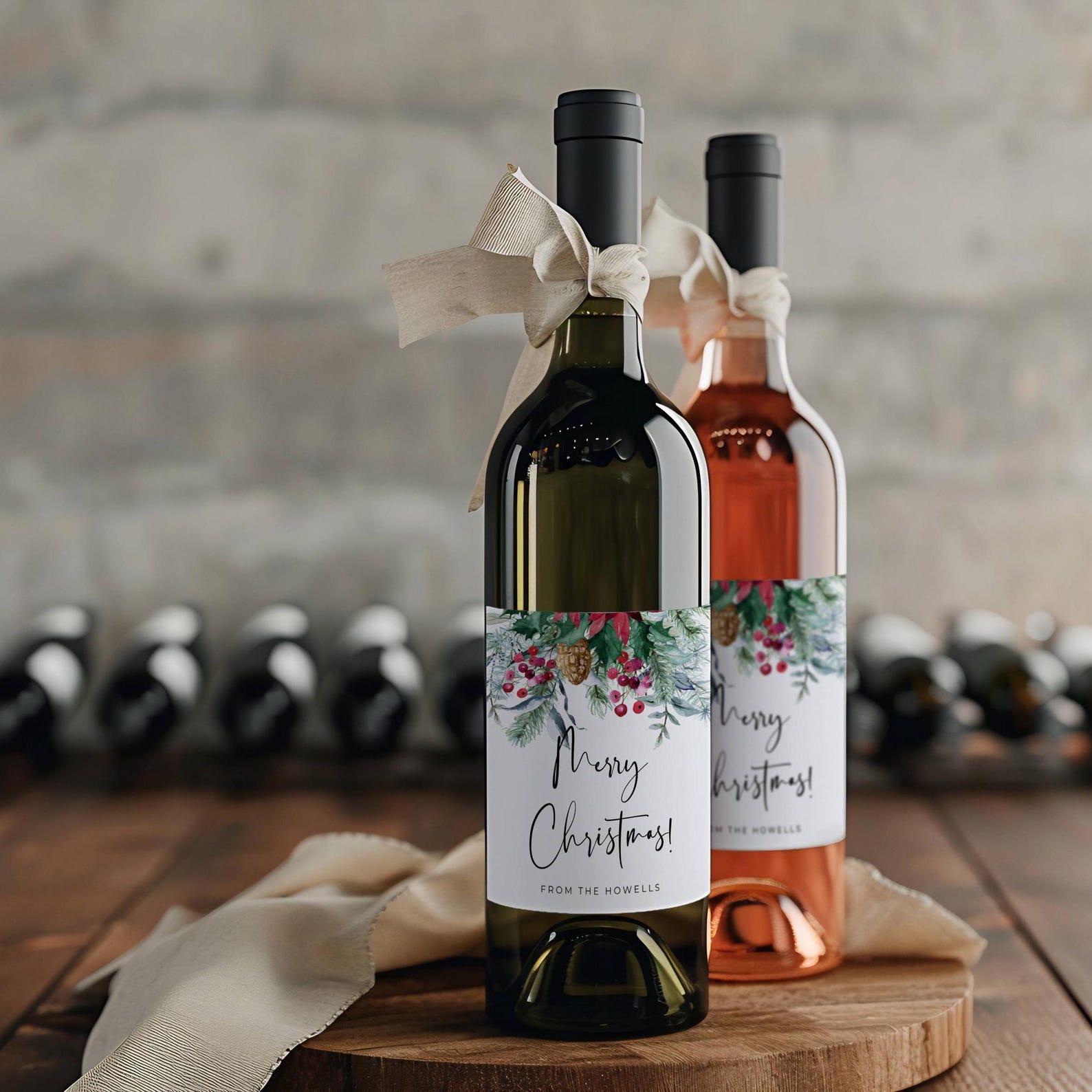 Editable Christmas Wine Bottle Label Template, Printable Holiday Floral ...