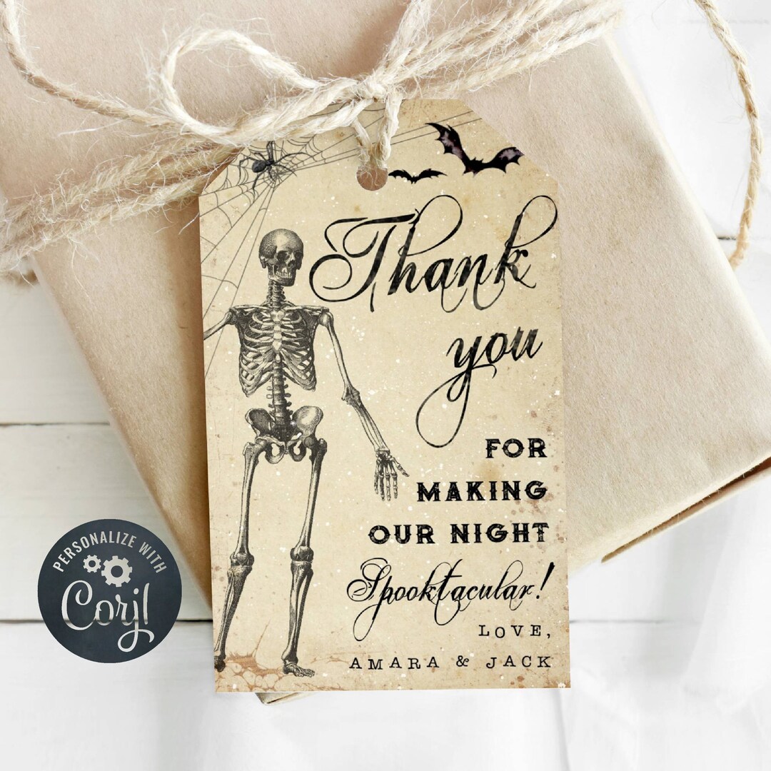 Vintage Skeleton Halloween Party Favor Tag Template, Editable ...