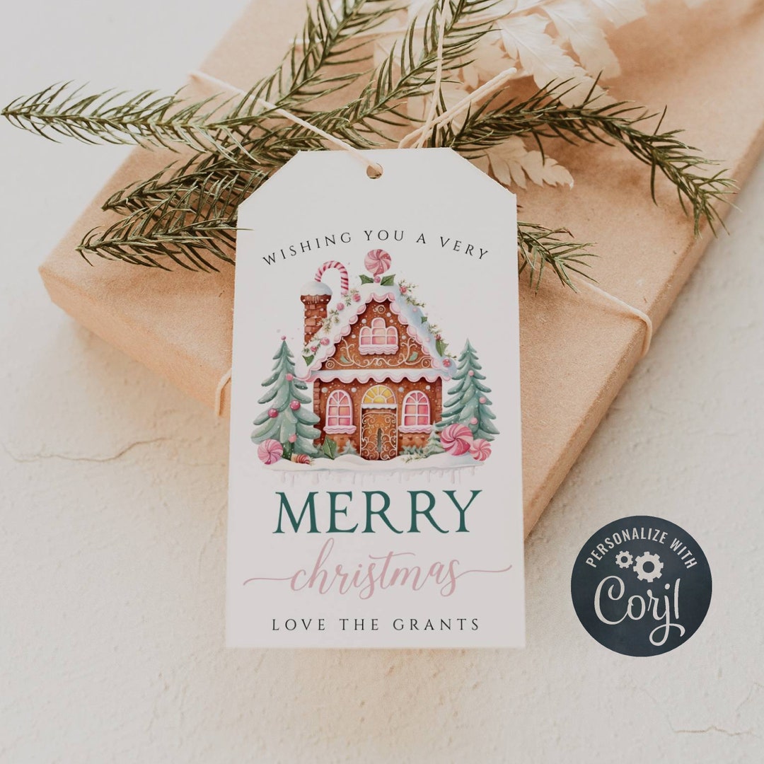 Pink Gingerbread House Gift Tag Template, Printable Holiday Favor Tag ...