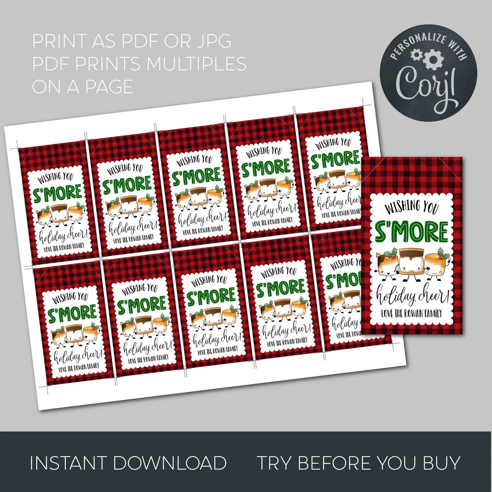 S'mores Christmas Gift Tag Template, Printable Plaid Holiday Favor Tag ...
