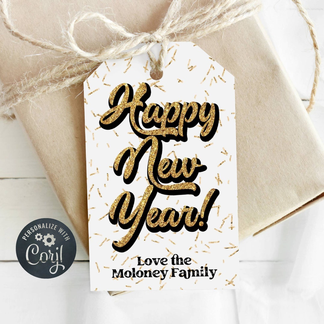 Happy New Year Gift Tag Template, Printable Glitter Retro New Year's ...