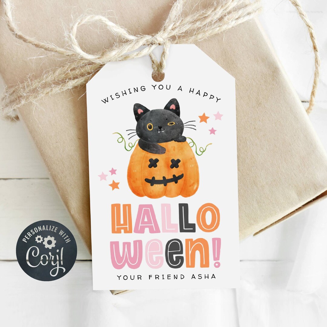 Halloween Cat Pumpkin Gift Tag Template, Printable Spooky Cute Kitty ...