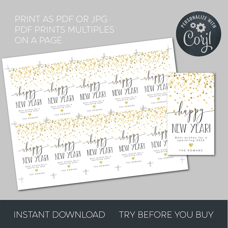 New Year's Eve Gift Tag Template, Printable Gold Confetti NYE Favor ...