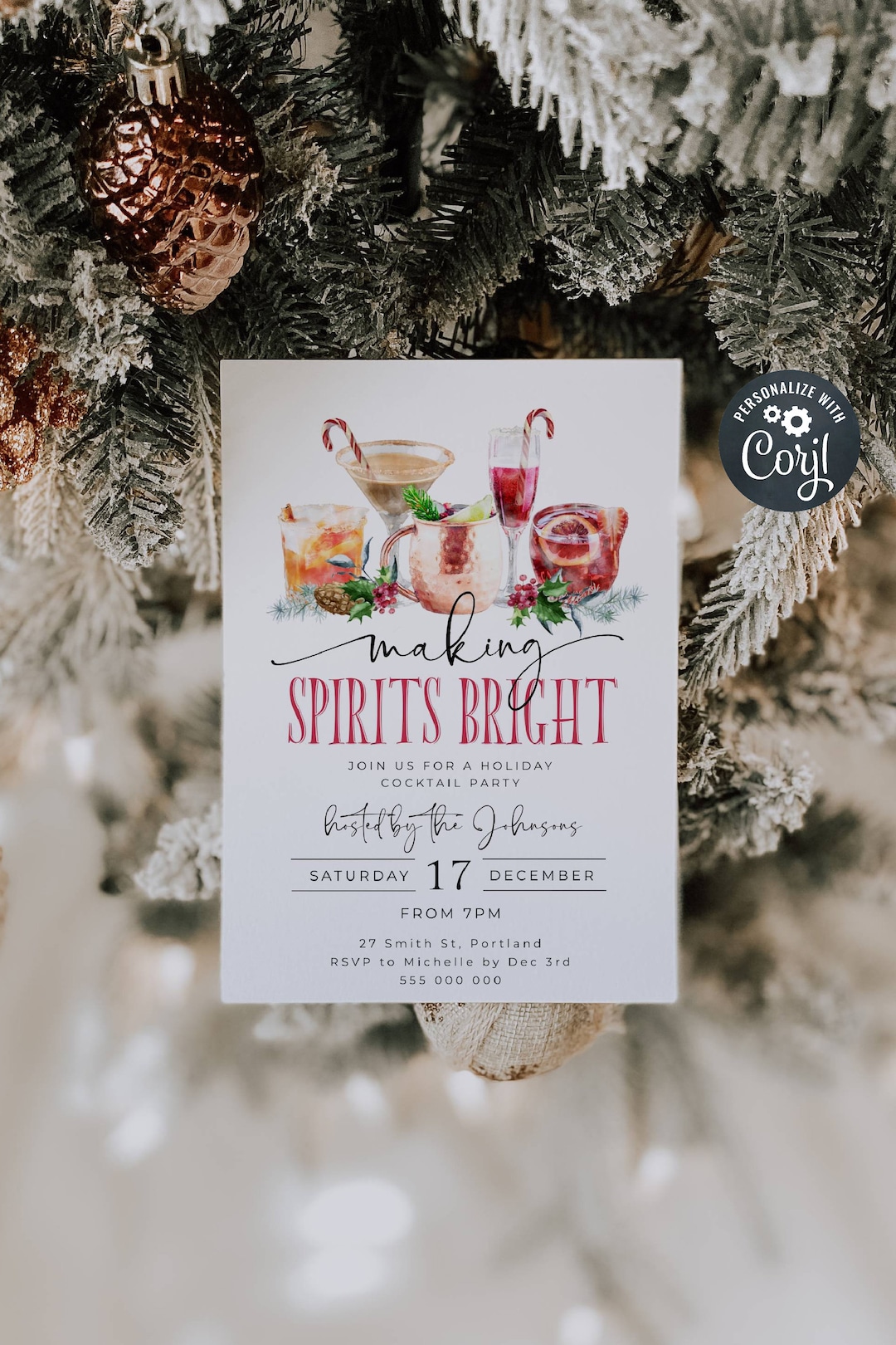 Editable Making Spirits Bright Holiday Cocktail Party Invitation ...