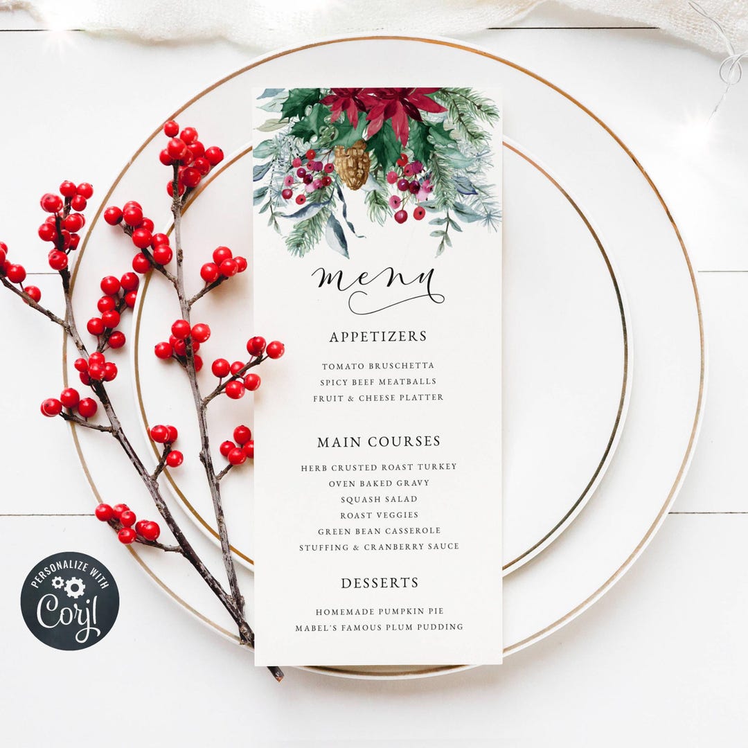 Modern Christmas Menu Template, Printable Holiday Dinner Party Menu ...