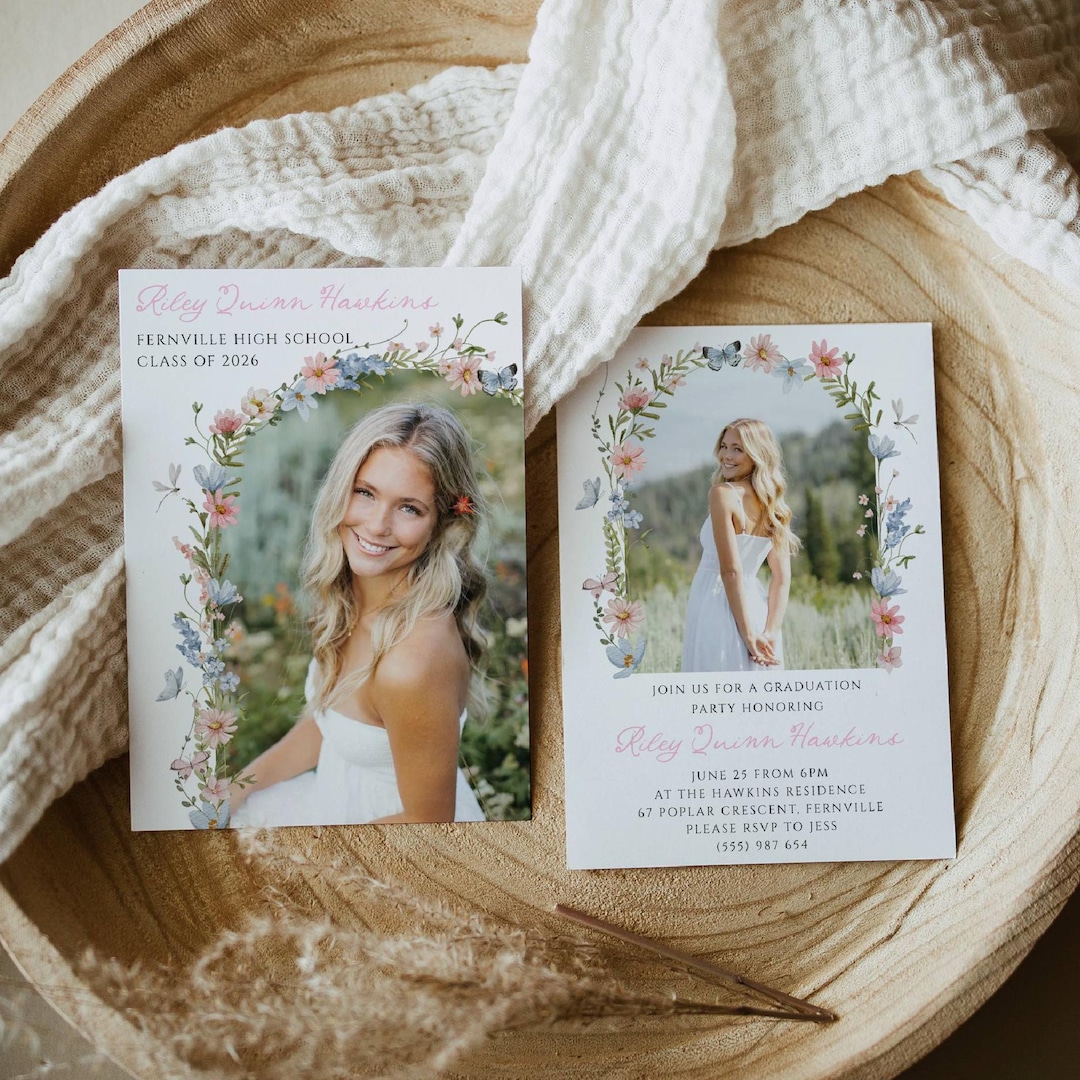 Wildflowers Graduation Invitation Template, Printable Arch Photo Modern ...