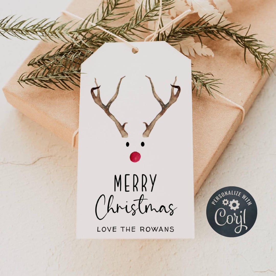 Reindeer Christmas Gift Tag Template, Printable Cute Holiday Favor Tag ...