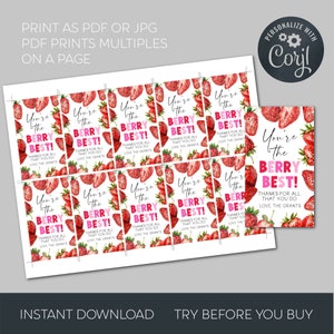 You're the Berry Best Gift Tag Template, Printable Strawberry Teacher ...