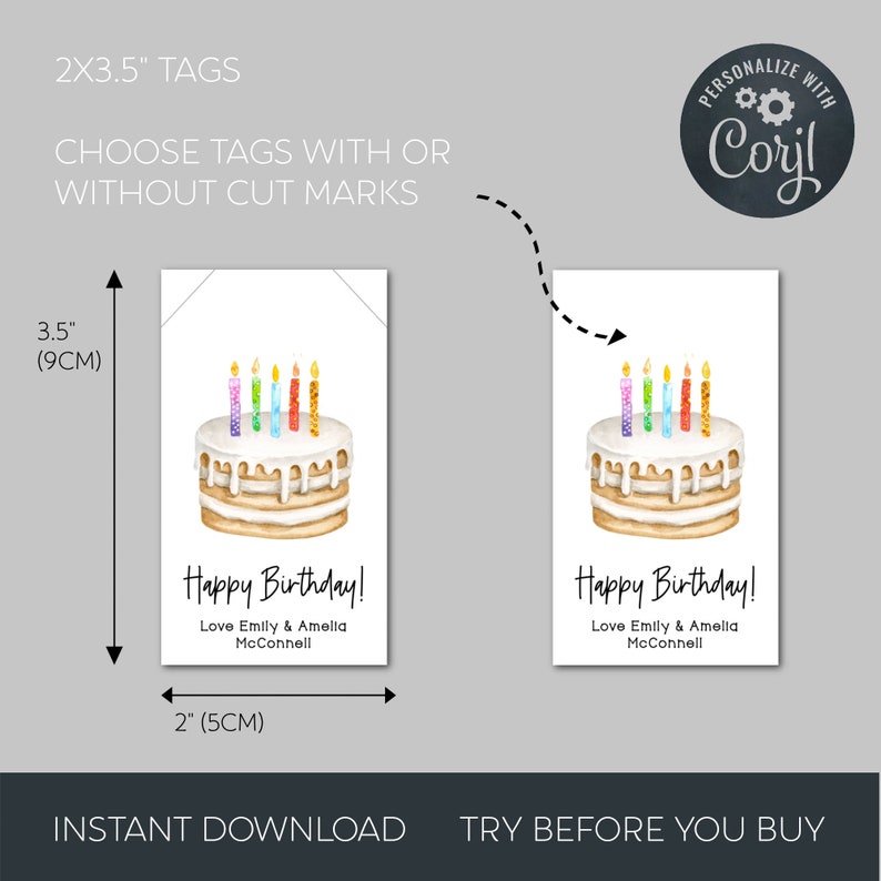 Printable Happy Birthday Gift Tag Template, Birthday Cake and Candles ...