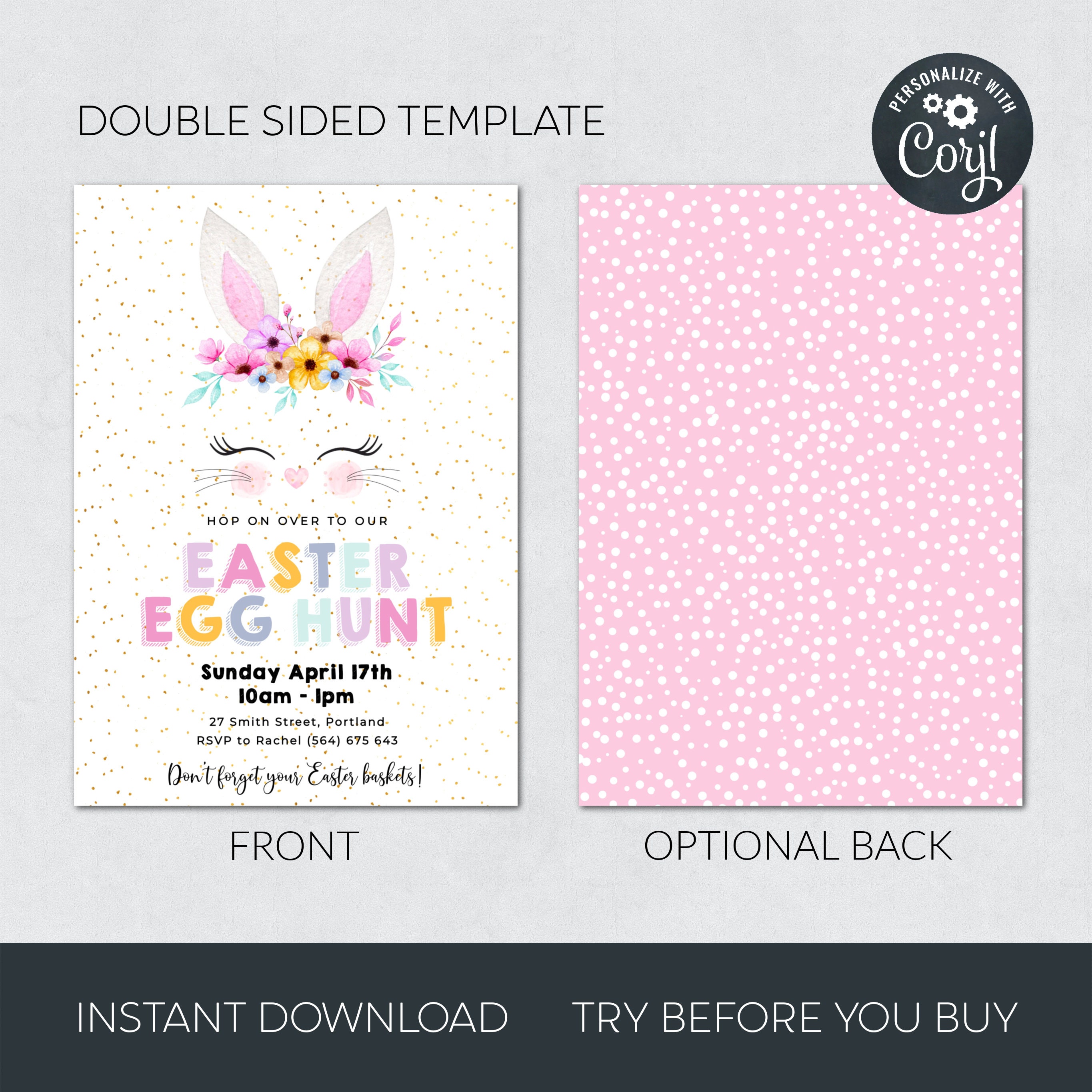 Bunny Face Easter Egg Hunt Invitation Template, Printable Cute Easter ...