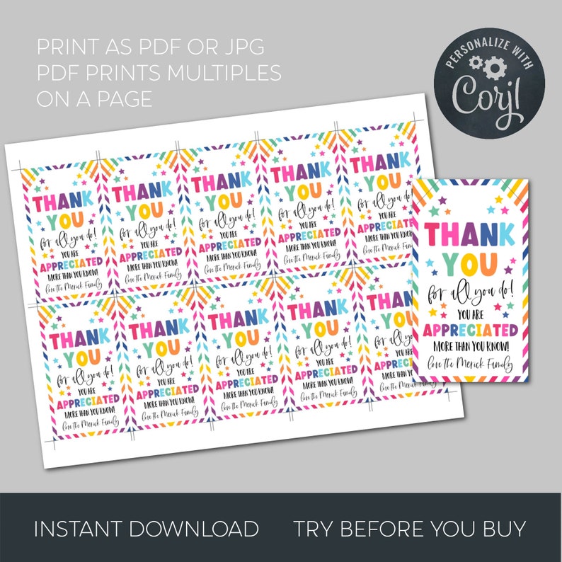 Thank You Gift Tag Template Printable Appreciation Favor - Etsy Australia