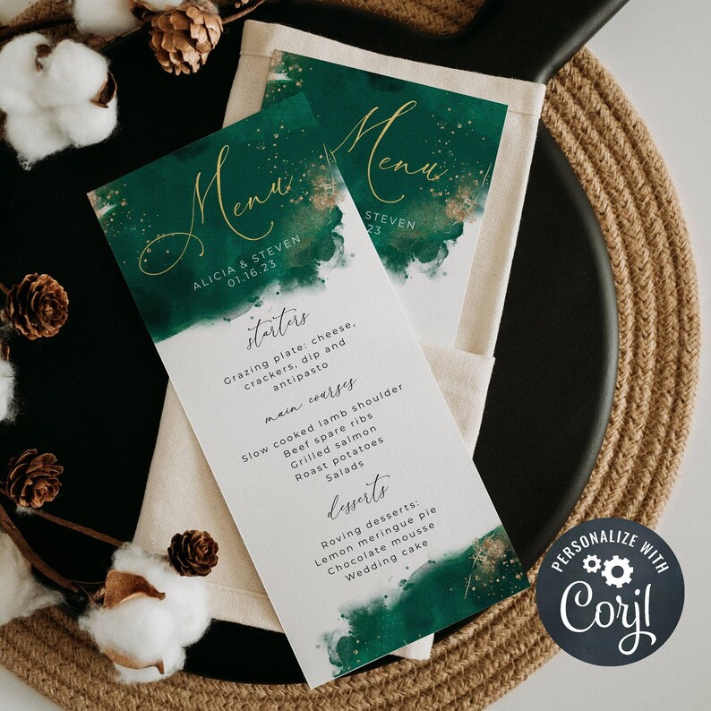 Emerald Watercolor Menu Template Printable Hunter Green & - Etsy