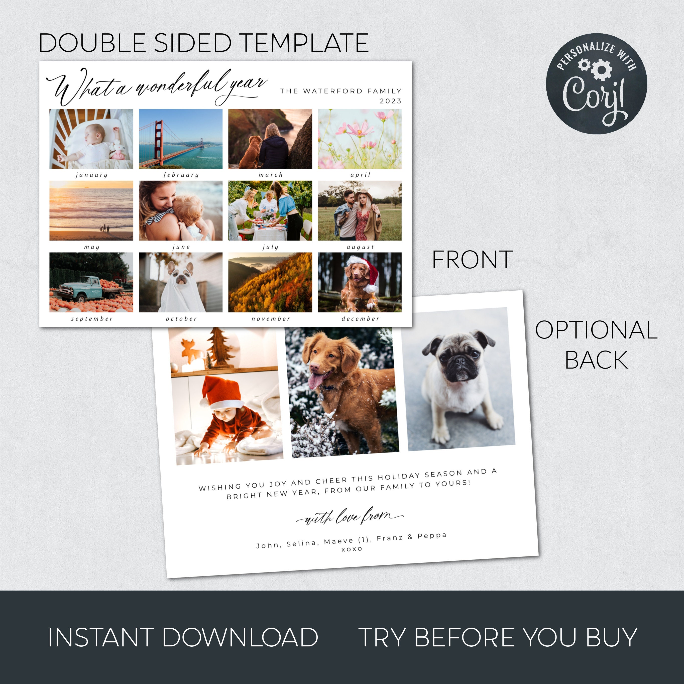 Monthly Photos Holiday Card Template, Printable Year in Pictures ...