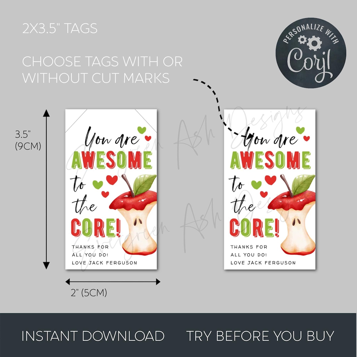 Awesome to the Core Appreciation Gift Tag Template, Printable Apple ...