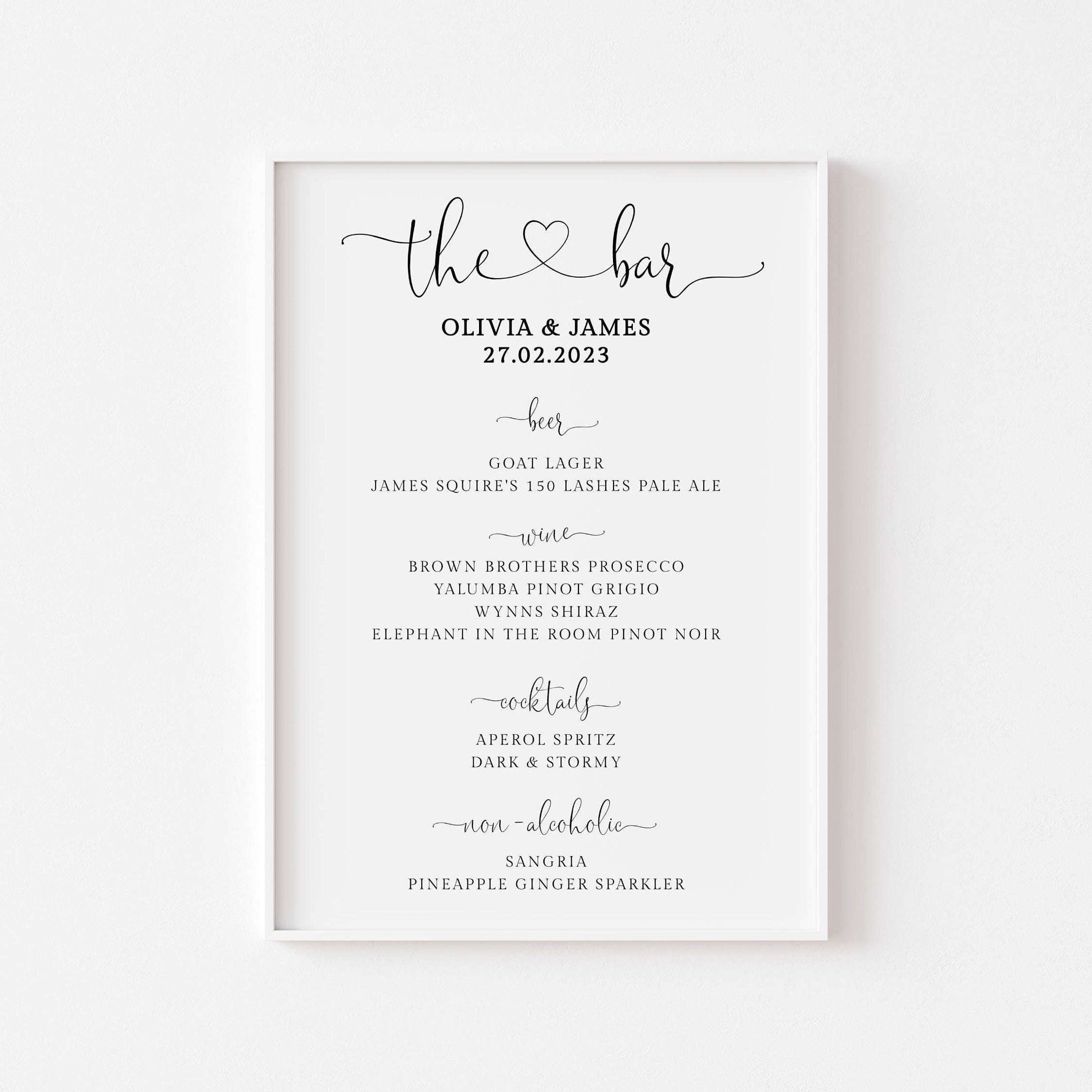 Modern Hearts Bar Menu Template, Printable Wedding Drinks Sign ...