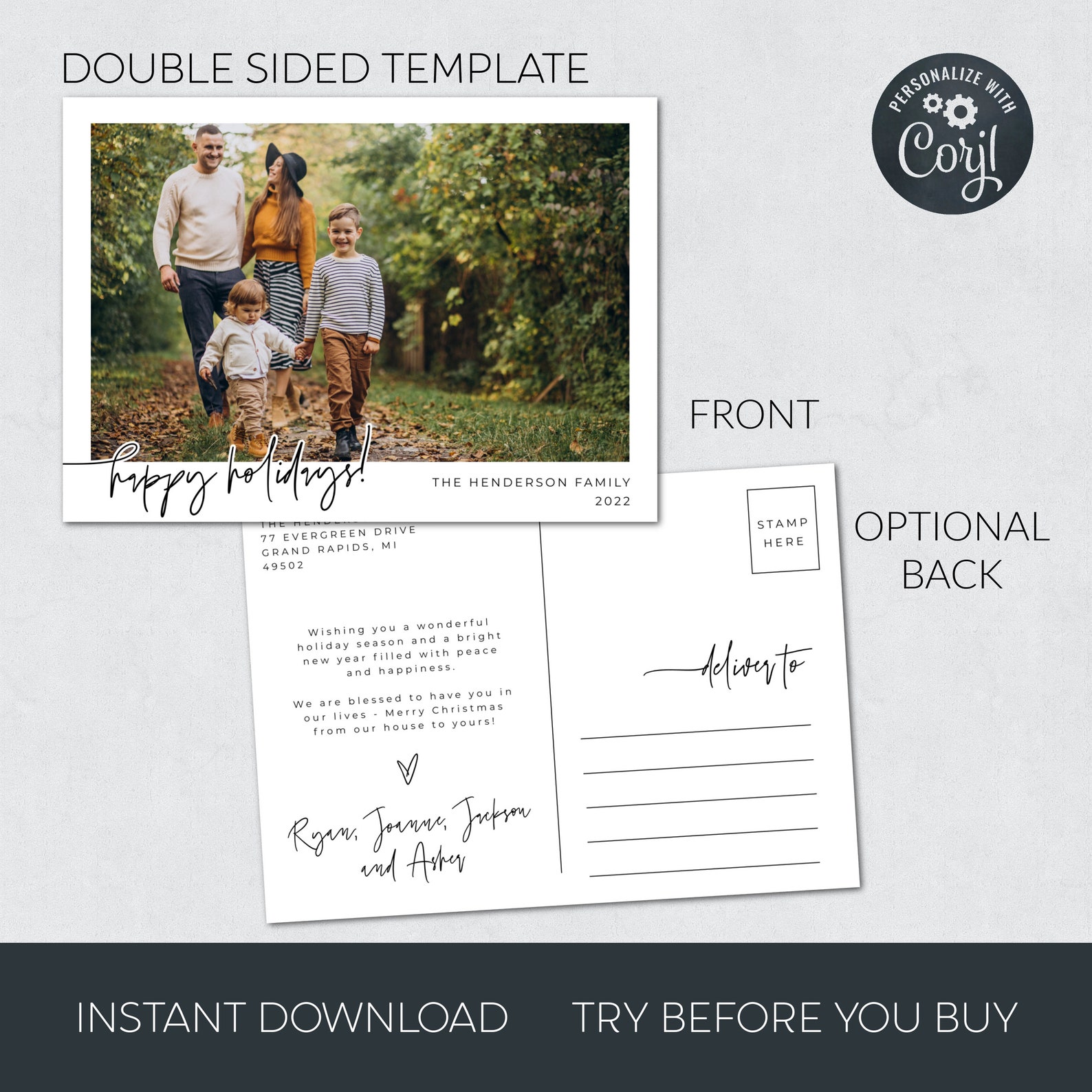 Postcard Photo Holiday Card Template, Printable Modern Minimalist ...