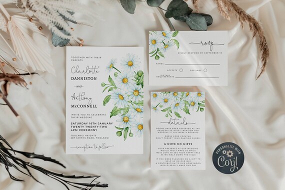 Daisy Wedding Invitation Set Template Printable White Daisies | Etsy