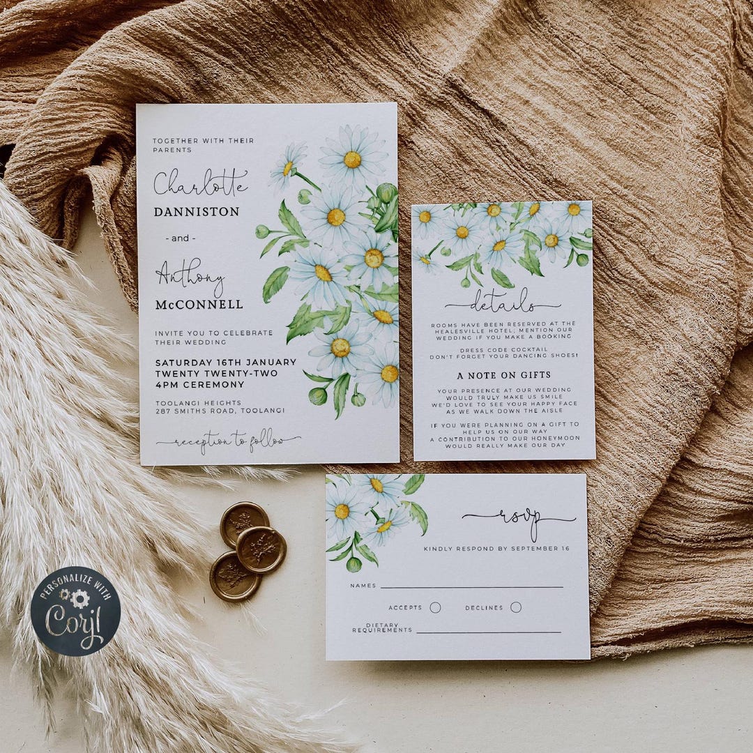 Daisy Wedding Invitation Set Template, Printable White Daisies Wedding ...