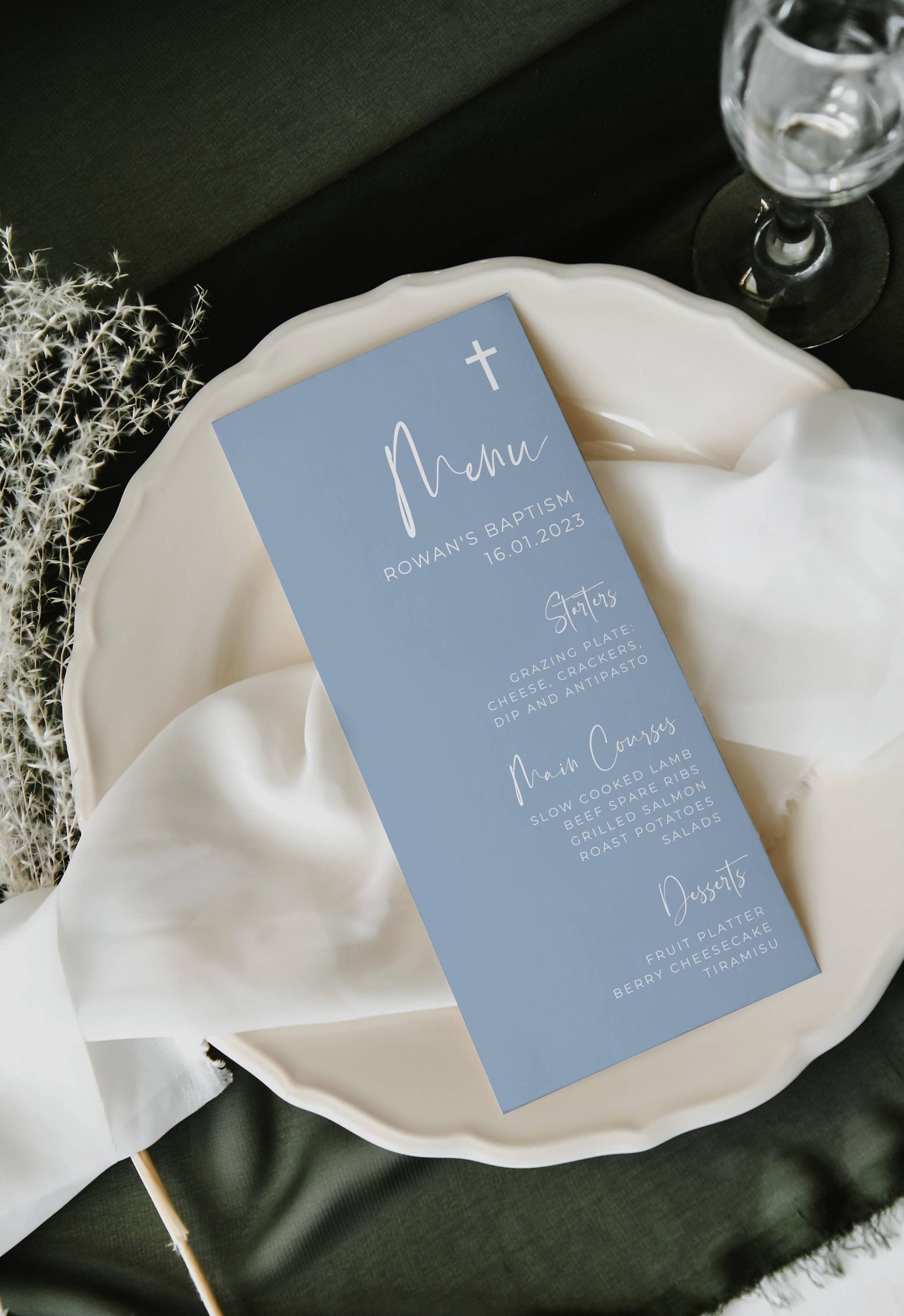 Dusty Blue Baptism Menu Template, Printable Christening Table Menu ...
