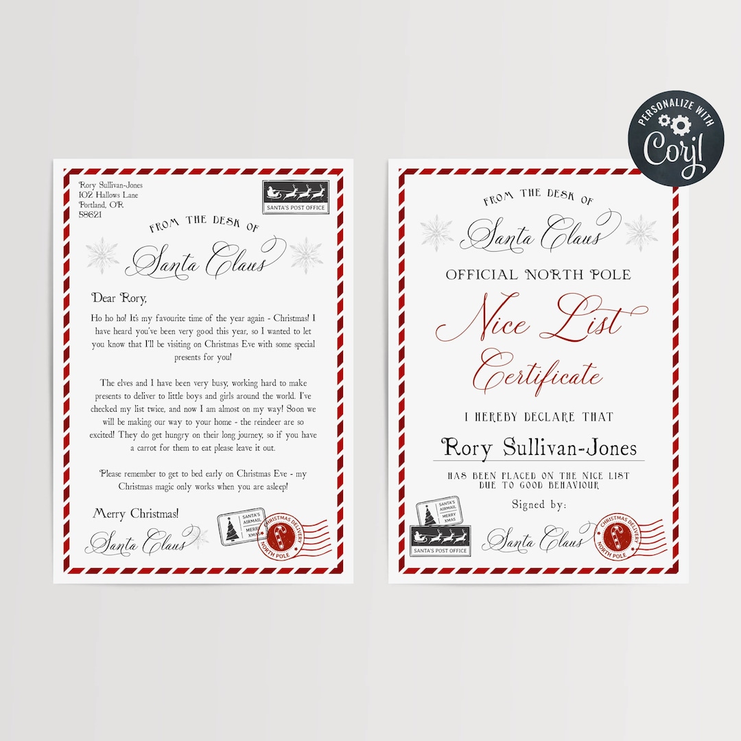 Santa Letter & Nice List Certificate Template, Printable Letter From ...