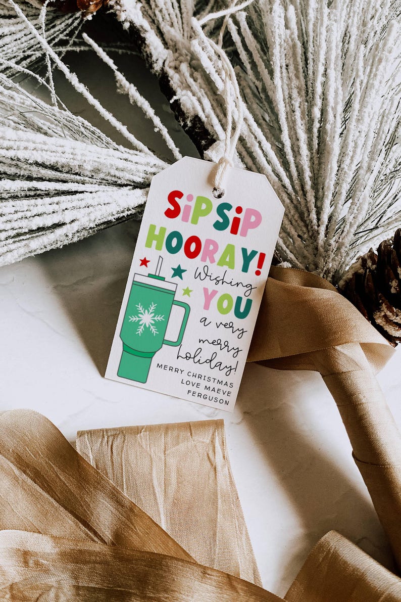Christmas Tumbler Cup Gift Tag Template, Printable Sip Sip Hooray Merry ...