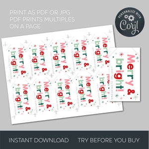 Merry & Bright Christmas Gift Tag Template, Printable Colorful Holiday ...
