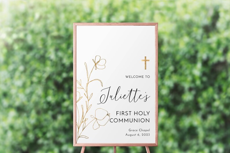 First Communion Welcome Sign Template Printable Gold Floral - Etsy