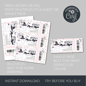 Halloween Spooky Movie Night Ticket Invitation Template, Printable Cute ...