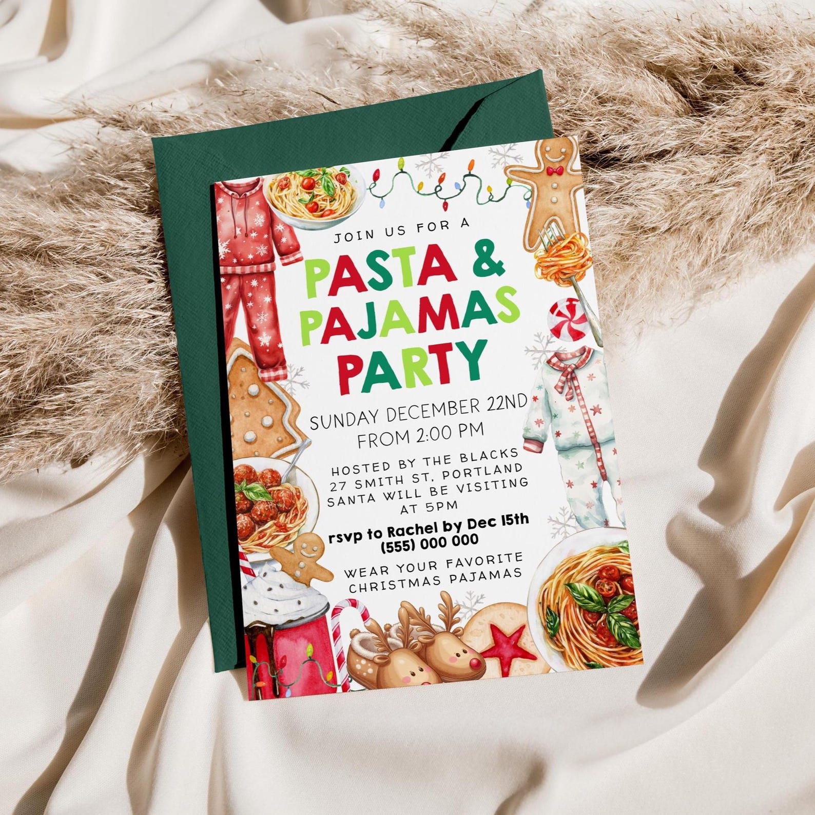 Pasta & Pajamas Christmas Invitation Template, Printable Holiday ...