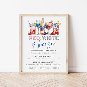 4th of July Bar Menu Template, Printable Red White & Booze Drinks Sign ...