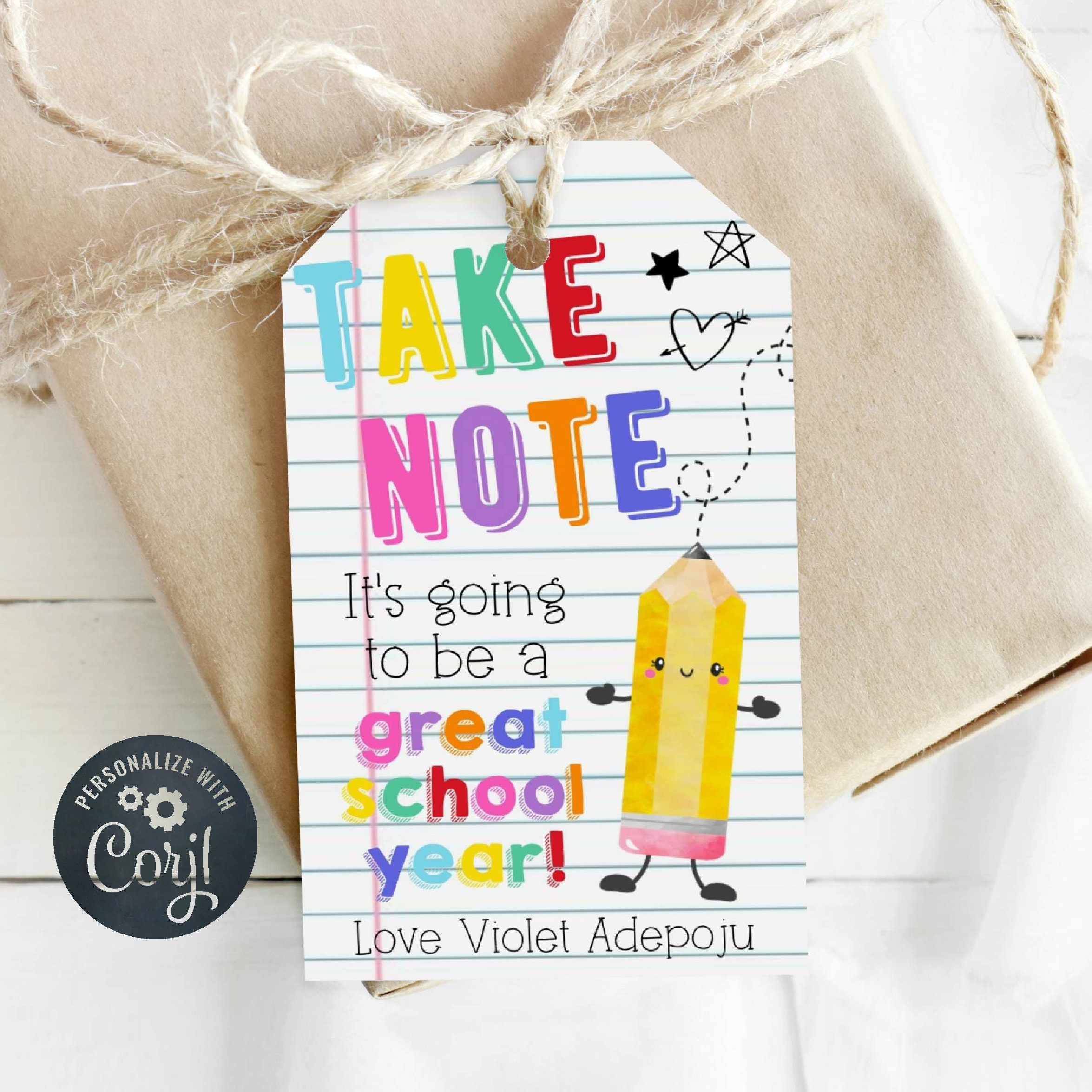Take Note Back to School Gift Tag Template, Printable First Day of ...