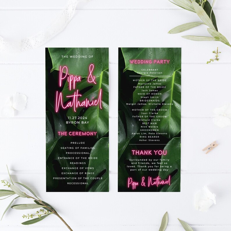 Neon Tropical Program Template Printable Beach Destination - Etsy