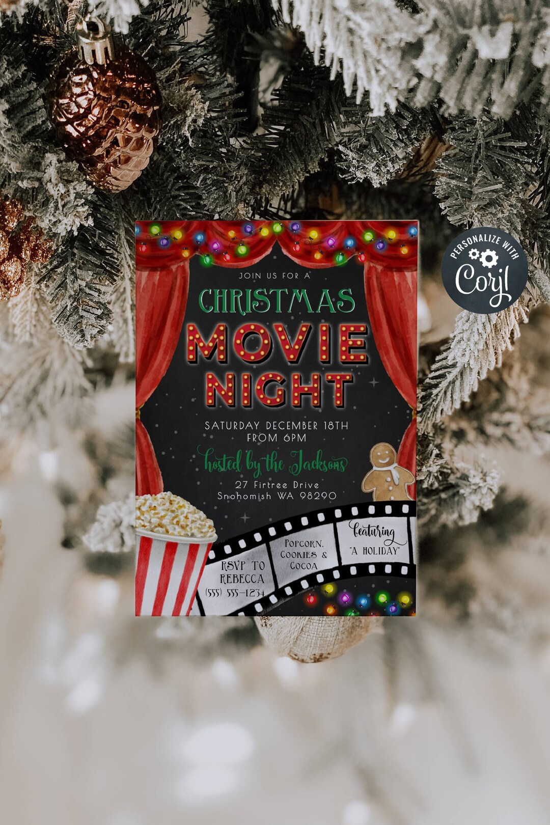 Christmas Movie Night Invitation Template, Printable Holiday Film Night ...