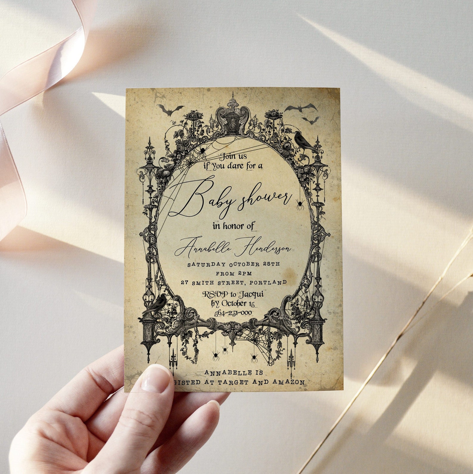 Editable Vintage Gothic Frame Halloween Baby Shower Invitation Template ...
