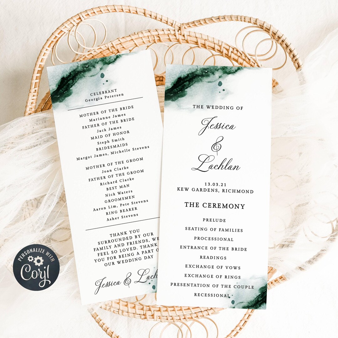 Emerald Green Watercolor Wedding Program Template, Printable Order of ...