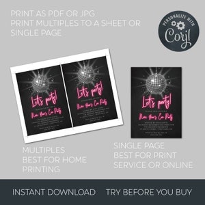 Disco Ball New Year's Eve Invite Template, Printable NYE Neon ...