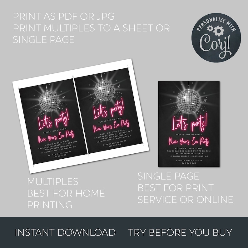 Disco Ball New Year's Eve Invite Template Printable NYE | Etsy