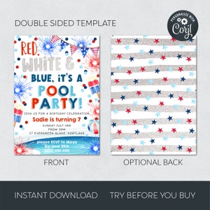 4th of July Pool Birthday Invitation Template, Printable Summer Swim ...
