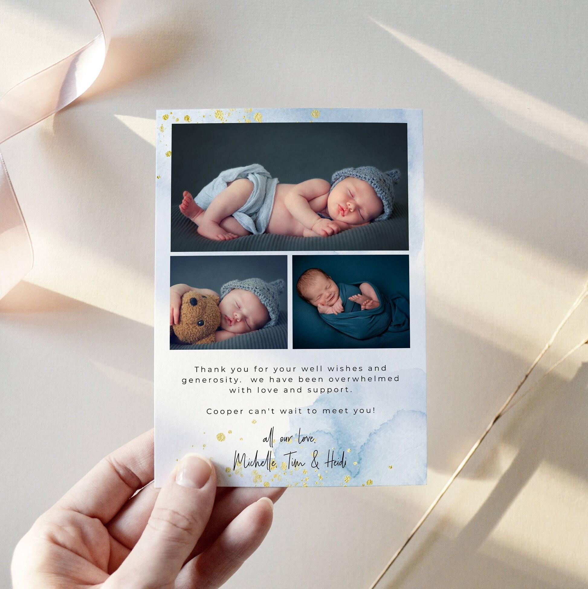 Blue & Gold Birth Announcement Template, Printable Photo Newborn Baby ...