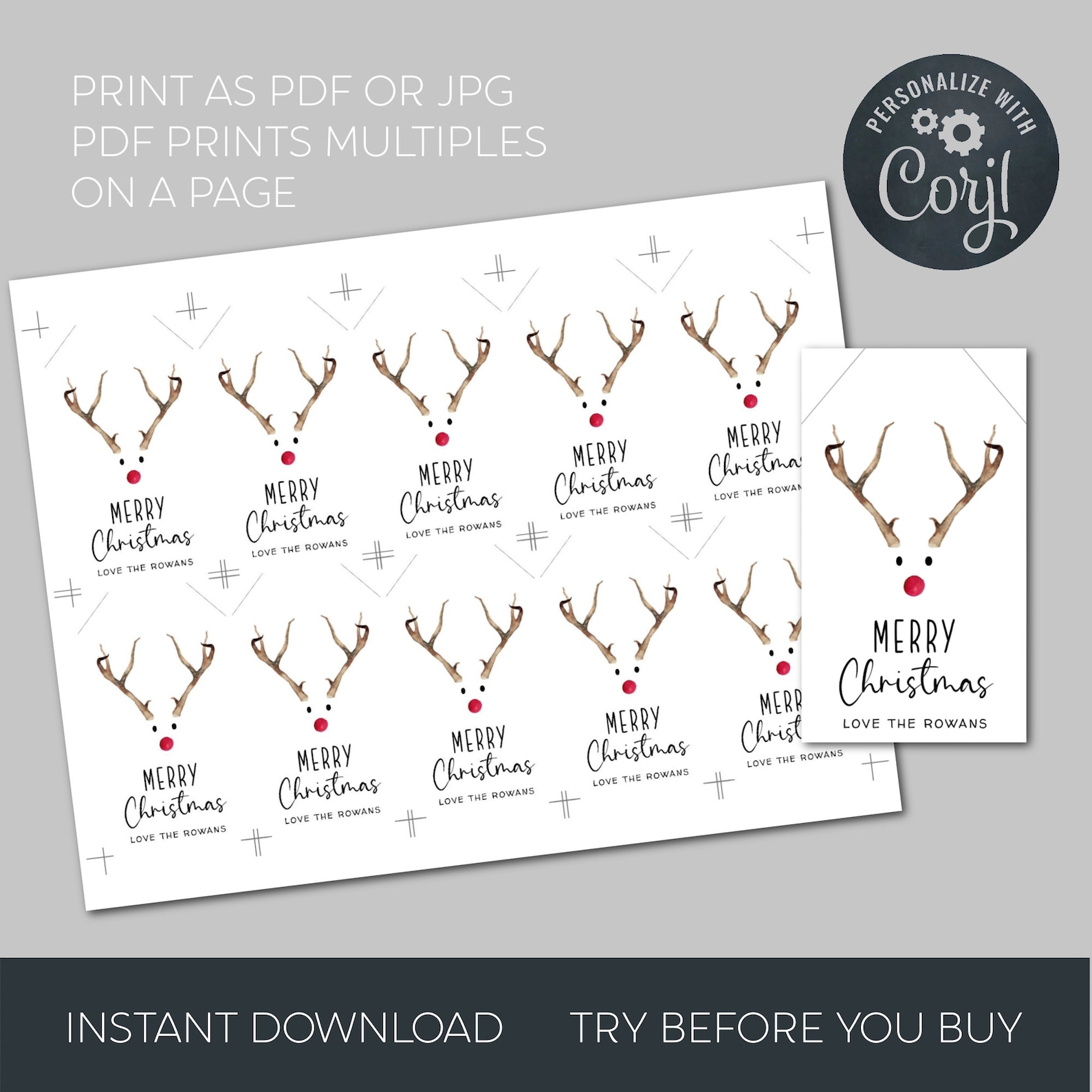 Reindeer Christmas Gift Tag Template Printable Cute Holiday - Etsy