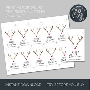 Reindeer Christmas Gift Tag Template, Printable Cute Holiday Favor Tag ...