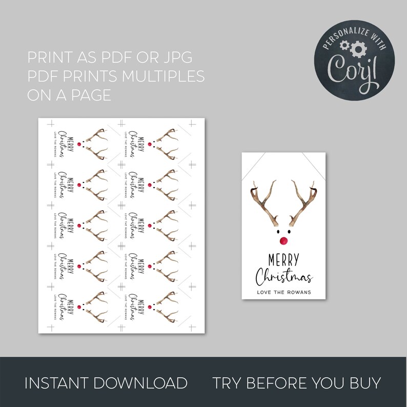Reindeer Christmas Gift Tag Template Printable Cute Holiday | Etsy