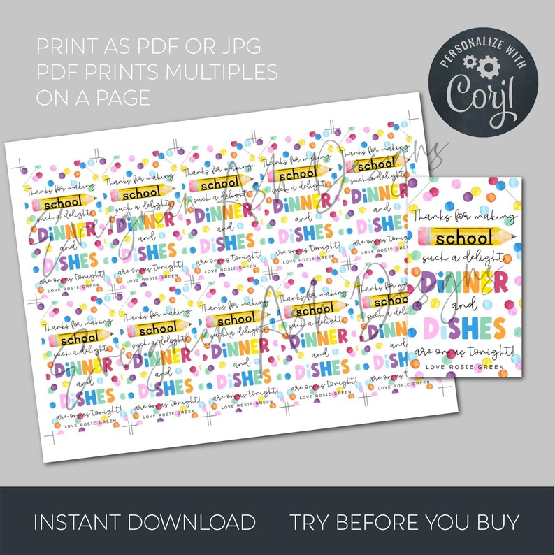 Dinner and Dishes Are on Us Gift Tag Template, Printable Teacher ...