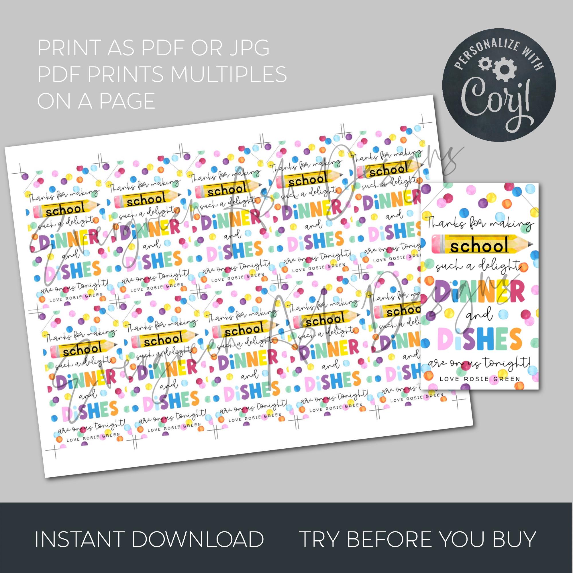 Dinner and Dishes Are on Us Gift Tag Template, Printable Teacher ...